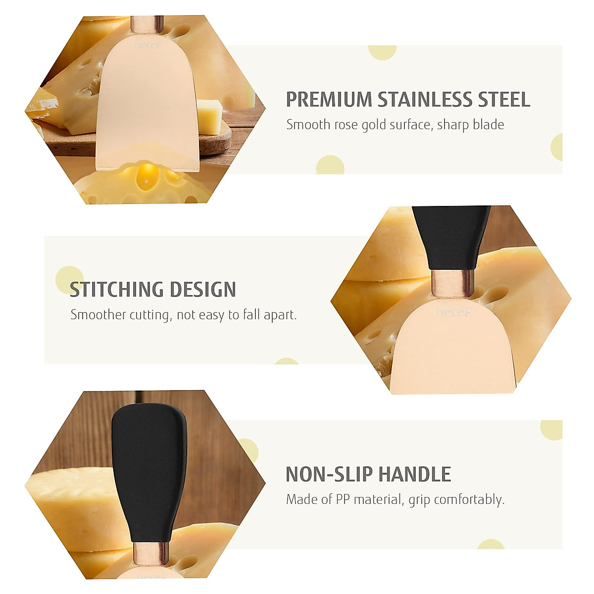 hecef Cheese Knife & Acrylic Stand Set of 5 - Stainless Steel Cheese Slicer with PP Handle & Acrylic Stand