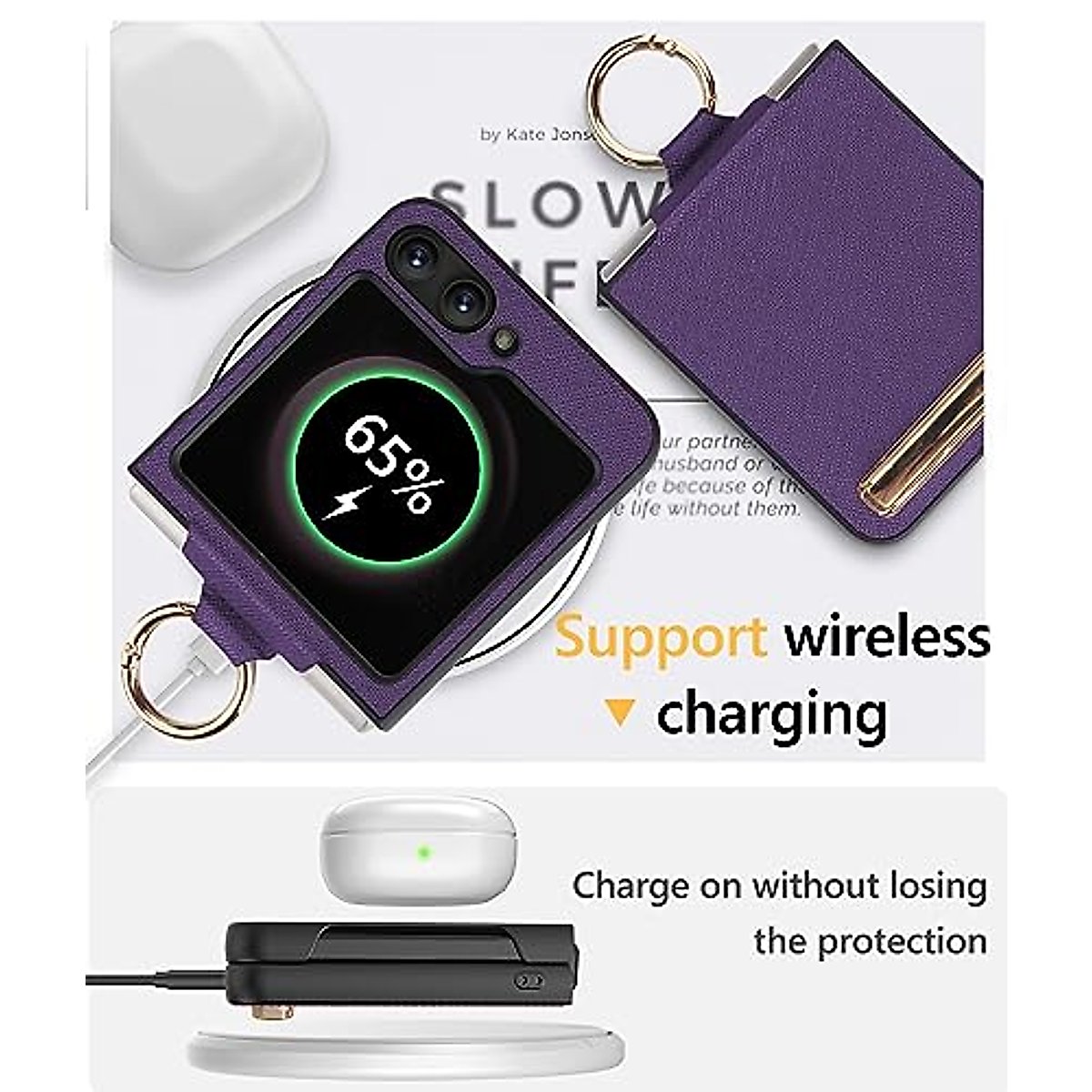 ATATOO for Samsung Galaxy Z Flip 5 Case with Ring & Kickstand & Built-in Screen Protector, Ultra-Thin Case Support Wireless Charging Durable Shockproof Anti-Slip Phone Case for Galaxy Z Flip 5, Purple