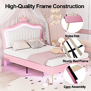 Full Size Modern Upholstered Princess Bed with Crown Headboard and LED Lights, PU Leather Wood Platform Bed Frame with Slat Support and Metal Feets, No Box Spring Needed (Full, White+Pink-01)