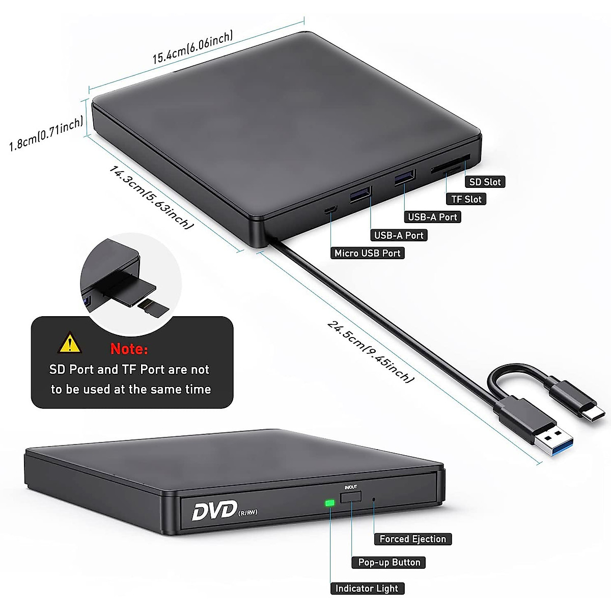 intendvision External CD DVD Drive USB 3.0 Type-C CD-RW DVD-R Combo Burner with SD/TF Slot, 2 USB 2.0 Port for PC Laptop Computer Mac Windows 11/10/8/7