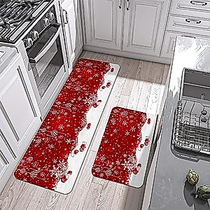 2 Pieces Kitchen Rugs and Mats Red Christmas Shiny Stars Xmas Balls,Non Slip Indoor Doormats Set,Washable Floor Carpet Area Runner for Laundry Sink Home Decor Winter Snowflakes