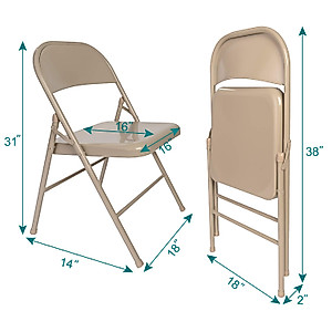 VECELO Folding Chairs Metal Frame Steel Seat with Triple Braced for Home Office,No-Assembly Heavy-Duty&Stackable Space Saving, Set of 4, Beige