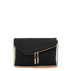 FashionPuzzle Envelope Wristlet Clutch Crossbody Bag with Chain Strap (Black) One Size