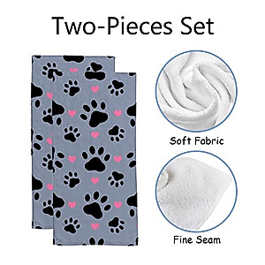 Hand Bath Towels 2 Pack Paw Print Pink Heart Absorbent Face Fingertip Towels for Bathroom Kitchen Gym Spa Soft Hair Drying Cloth Quick Dry, 30 x 15 Inch