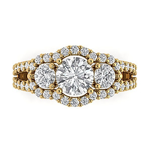 2.16 Ct Round Cut Clear Simulated Diamond 14K Yellow Gold Solitaire with Accents 3 Stone Engagement Anniversary Ring Size 8.5