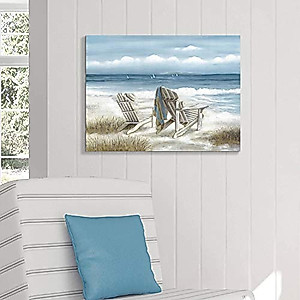 TAR TAR STUDIO Abstract Seascape Canvas Wall Art: Beach Chair on Sand Painting Print for Bedroom (24" W x 18" H, Multiple Sizes/Material)