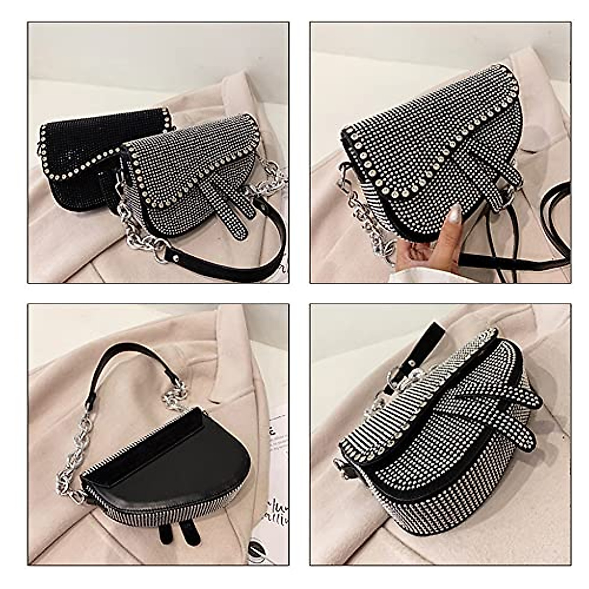 PURFANREE Women Studded Saddle Shoulder Bag Shining Rhinestone Clutch Purse Underarm Handbag Satchel Rivet Crossbody Bag
