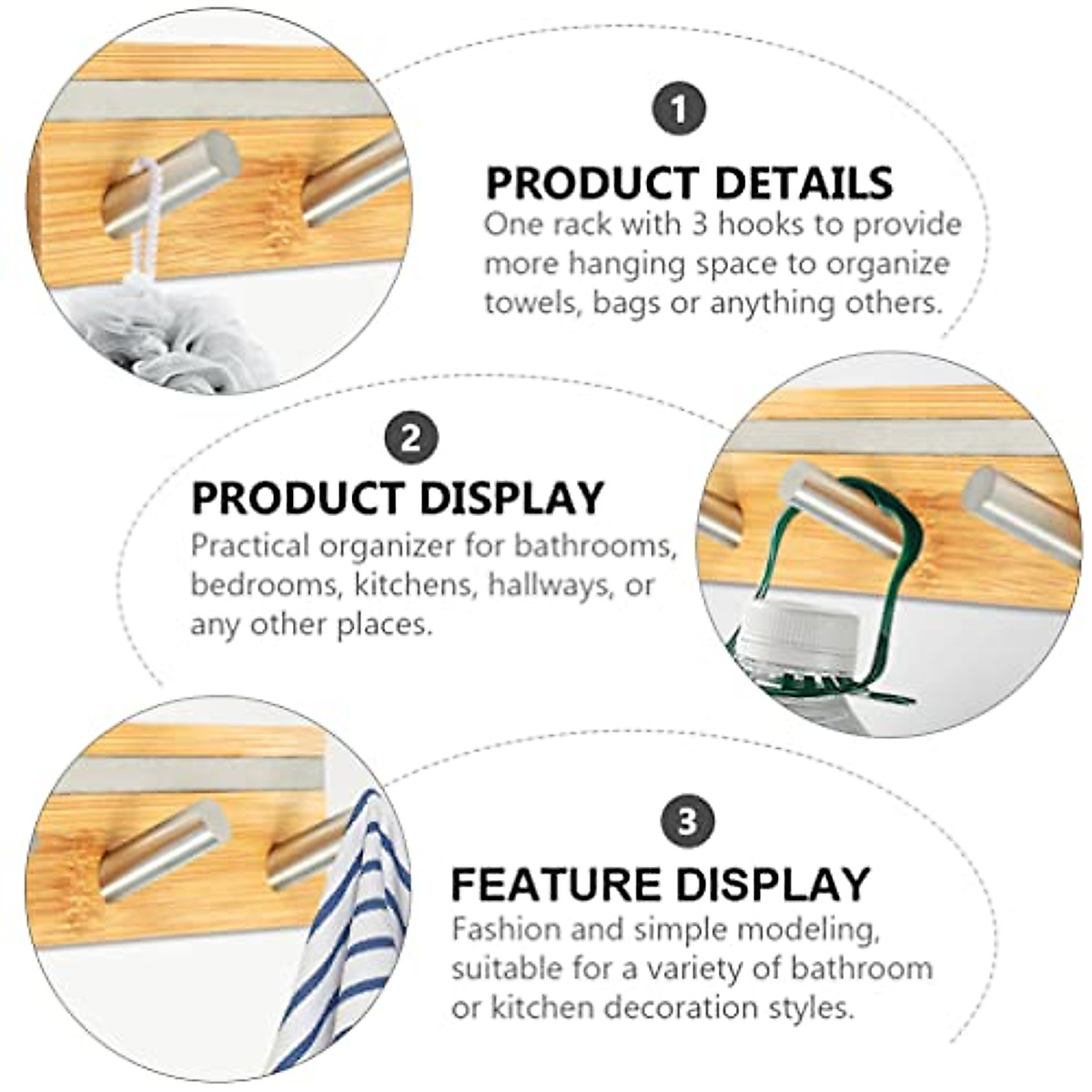 DOITOOL Wooden Wall Mounted Coat Rack Toilet Towel Rail Rack with 3 Hooks Towel Robe Coat Rack for Entryway or Closet Bathroom Storage Racks for Towels & Bath Robes,Bamboo