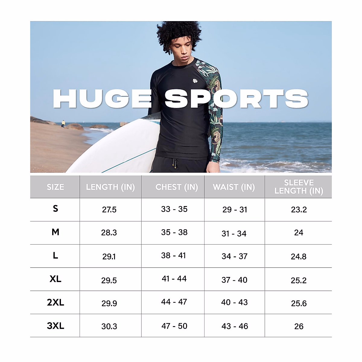 HUGE SPORTS Men's Rash Guard Long Sleeves UPF 50+ UV Sun Protection Quick Drying Splice Compression Swim Shirts