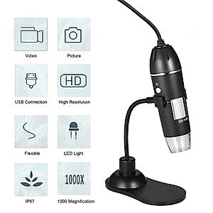 Handheld Digital Microscope Accessories Digital Zoom Microscope USB Magnifier 0.3MP Camera 8-LED Light Magnifying Glass 1000X Magnification Microscope Microscope Accessories