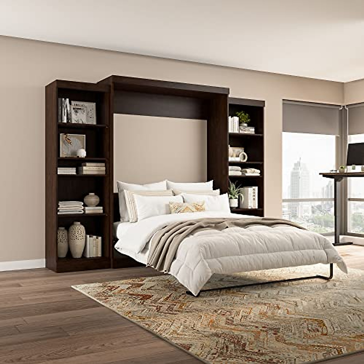 Bestar Pur Queen Murphy Bed and 2 Storage Units, 115-inch Space-Saving Wall Bed with Storage