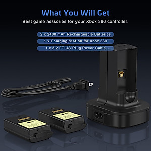 KEKUCULL Rechargeable Battery for Xbox 360 Controller, Charger Dual Charging Station Dock with 2 Pack Rechargeable Battery Compatible with Xbox 360