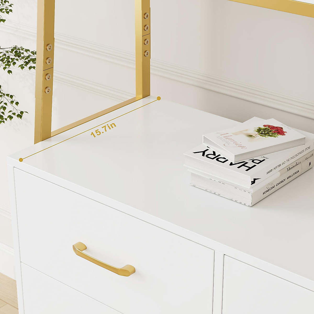 HITHOS 69" Tall Bookshelf, White Gold 4-Tier Bookcase with Wooden Drawers and Ladder Shelves, Free Standing Storage Cabinet Kitchen Bakers Rack with Microwave Oven Stand for Home Office