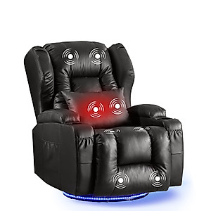 ETAGERIA Power Swivel Rocker Recliner Chair with Massage and Heat 360 Degree Glider Rocking Chairs Ergonomic Lounge Rocker w/Cup Holder/Remote/LED Light for Nursery,Living Room,Home Theater (Black)