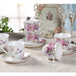GuangYang GY 12 PCS Tea Set - 7oz New Bone China tea Cups and Saucers with Pink Flower Pattern Porcelain Cups for Mocha Cappuccino Tea and coffee
