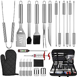 BBQ Grill Accessories, 27PCs BBQ Tools Set, Stainless Steel Grill Tools Set, Grilling Kit for Men Women with Spatula Thermometer Meat Injector Gloves, Barbecue Utensils Gift for Smoker Camping