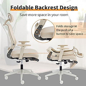 Foldable Ergonomic Office Chair with Footrest, High Back Computer Chair with 2D Headrest, Mesh Back, Sponge Seat, Adjustable Lumbar Support, 2D Armrest, Home Office Desk Chair, Cream