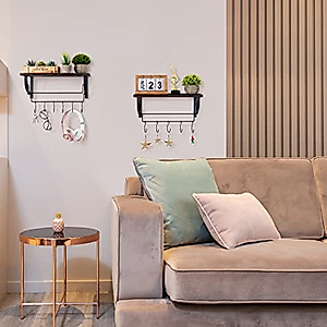 LAVIEVERT Floating Shelves Wall Mounted, Rustic Wood Shelves with 2 Towel Bars and 12 Removable Hooks, Decor Storage Shelves for Bedroom, Living Room, Bathroom, Kitchen, Office - Set of 2