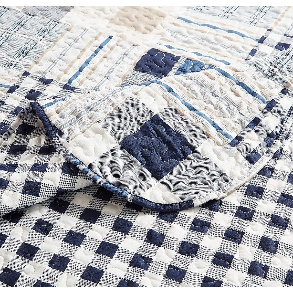 Brilliant Sunshine Plaids and Stripes Quilt Set, 2-Piece Bedding Sets with 1 Sham, Patchwork Design, Washable and Reversible Bedspread, Soft Lightweight Coverlet, All-Season, Twin/Twin XL, Blue