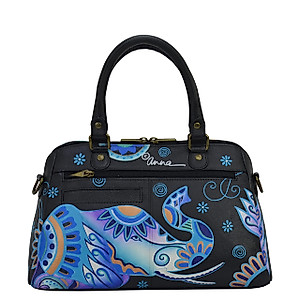 Anna by Anuschka Women's Anna Anuschka Hand Painted Women s Genuine Leather Wide Organizer Satchel Blue Elephant, Blue Elephant, One Size US