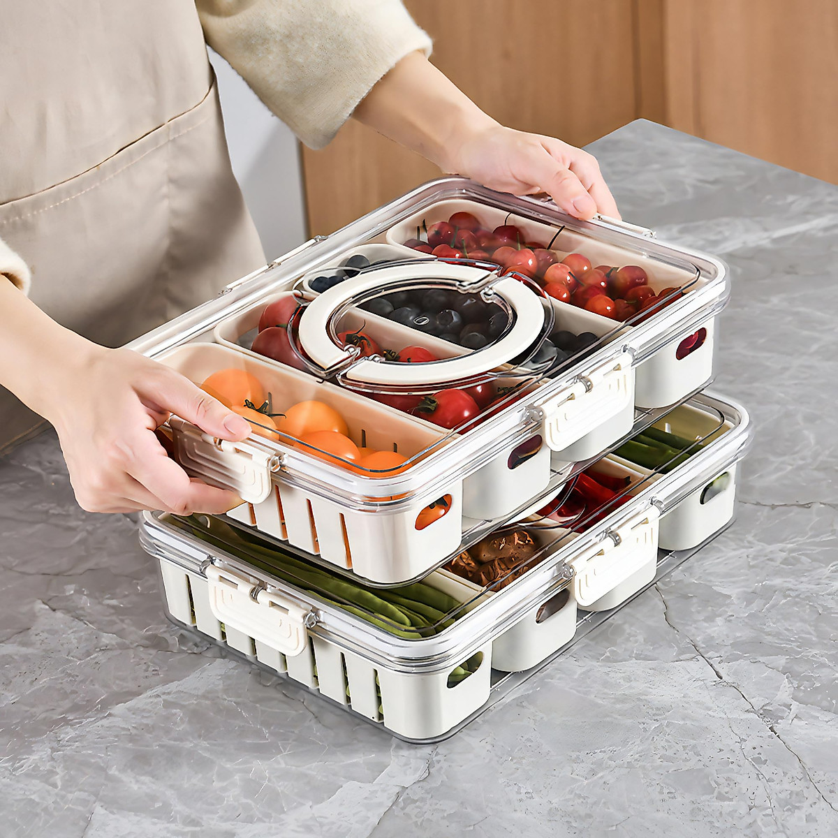 2Pack Divided Veggie Tray with Lid and Handle 4 Compartment Serving Tray with Dividers Portable Travel Snack Storage Containers Stackable Snackle Box Charcuterie Container for Fruit,Vegetable,Salad