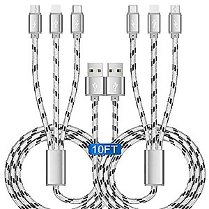 2pcs ASICEN 10Ft/3m Multi USB Fast Charger Cord 3A, 3-in-1 Charging Cable for Phone/Micro-USB/Type-C Compatible with Cell Phones/Samsung Galaxy/Pixel/LG/Tablets and More