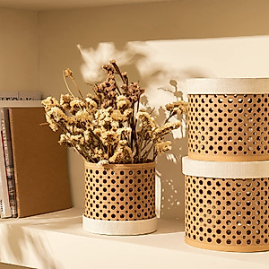 LA JOLIE MUSE Decorative Round Storage Boxes Set of 3, Polka Dot Cutout Baskets with Lids, Desktop Storage Organizer, Gift Baskets with Linen Paper Lids, Brown Baskets, Beige Lids