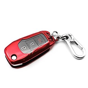 INFIPAR Fit for Flip Ford Maverick F-150 F-250 F-350 F-450 F-550 Super Duty Lightning Ranger Bronco Expedition Escape Explorer Fusion EcoSport F-650 F-750 TPU Key Fob Cover Case Shell Accessory, Red