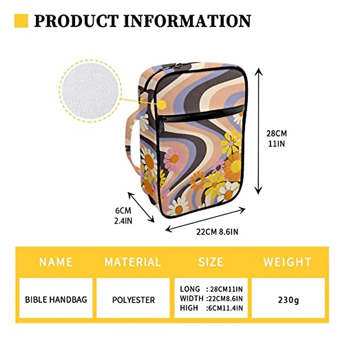 Drydeepin 70S 80S Wavy Swirl Hippie Daisy Flower Floral Pattern Abstract Bible Cover for Women Bible Book Carrying Case Portable Zippered Bible Bags and Tote Church Accessories Study Supplies