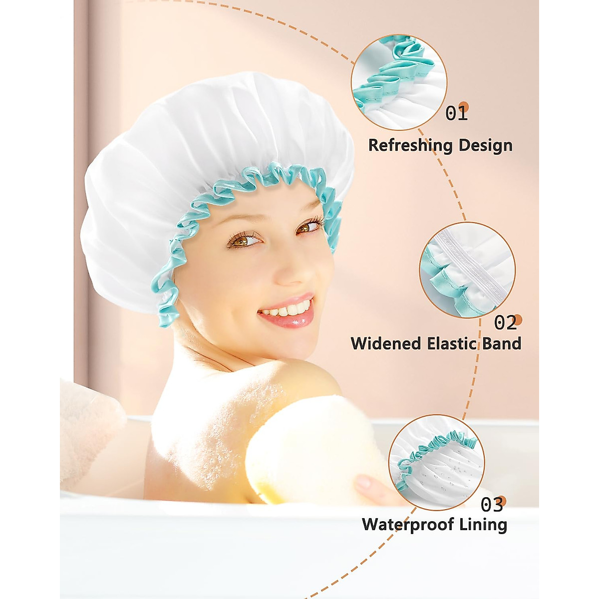 mikimini White Shower Cap for Long Hair 1 Pack, 12 inch large size,Waterproof Washable Hair Caps for Women and Girls, Super Cute and Extra Large