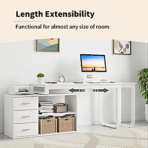 HOMBCK L Shaped Desk with Storage, White Desk Reversible L Shaped Desk with 3 Drawers and File Cabinet, Corner Desk with Hutch and Shelves, Long Computer Desk for Home Office, White