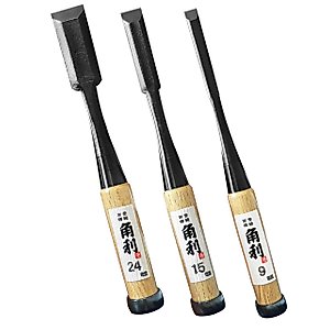 KAKURI Japanese Wood Chisel Set 3 Piece for Woodworking, Made in JAPAN, Japanese Oire Nomi for Carve, Mortise, Dovetail, Sharp Japanese Carbon Steel Blade, White Oak Wood Handle