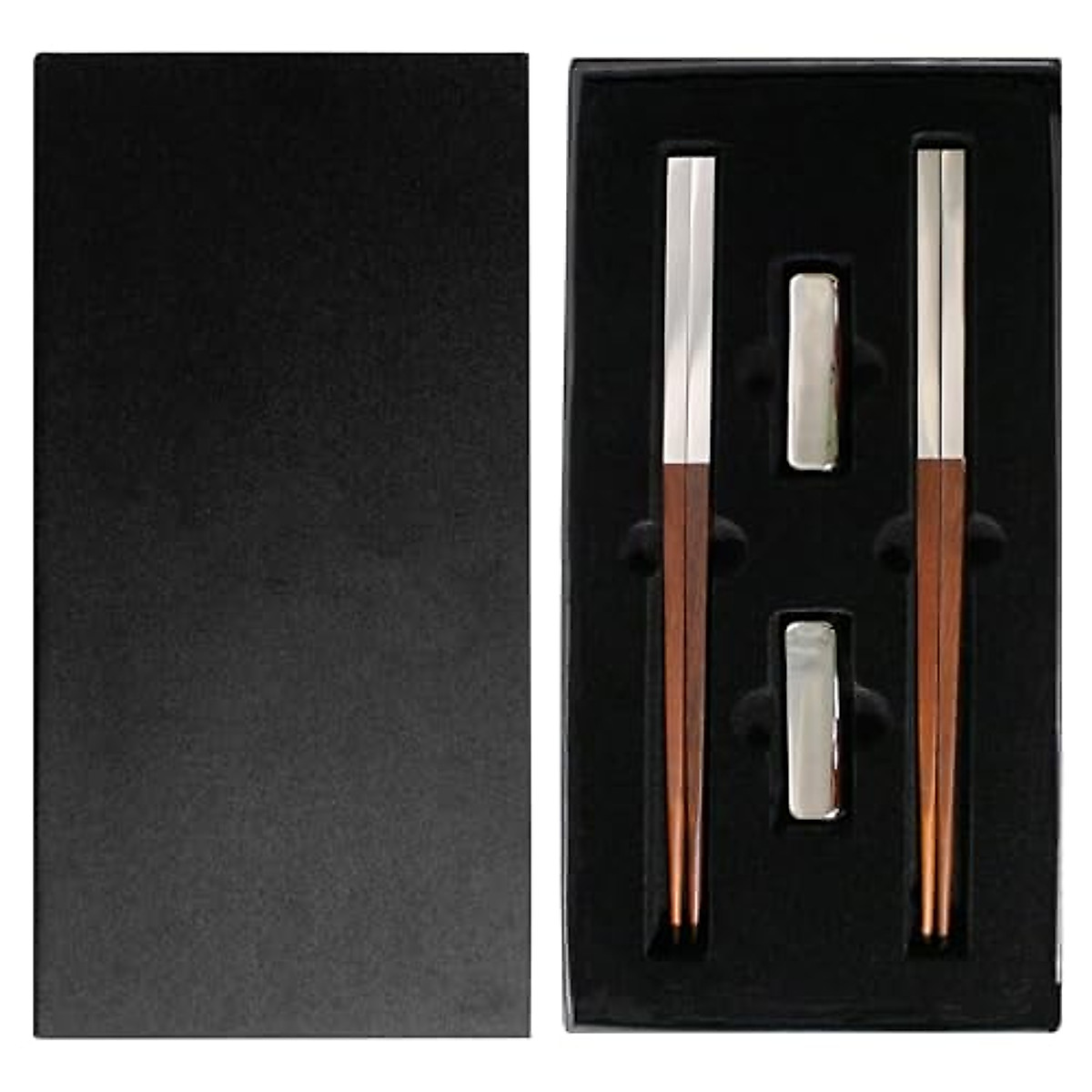 Natico Originals Silver Metal and Wood Chopsticks Set | Set of 2 Pairs w/ 2 Rests | Gift Set, Gift Packaged | Reusable (60-603SET)