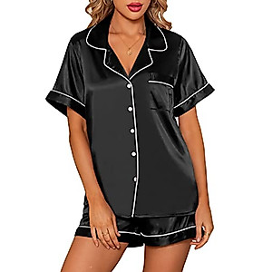 Senert Satin Pajama Set Women Silk Pjs Set Short Sleeve Two Piece Button Down Pajamas Sleepwear Lounge Sets Black,Medium