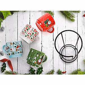 Elsjoy Set of 4 Christmas Stackable Coffee Mugs with Rack, 15 oz Christmas Coffee Mugs with Metal Stand Ceramic Mug Set, Xmas Holiday Cappuccino Cups for Cocoa, Latte, Americano