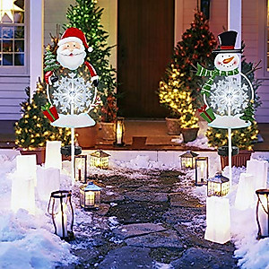 FORUP Solar Christmas Yard Decorations, Outdoor LED Solar Powered Snowflake Xmas Pathway Lights, Metal Garden Stake Lights, Snowman Santa Christmas Lawn Yard Ornament, Set of 2