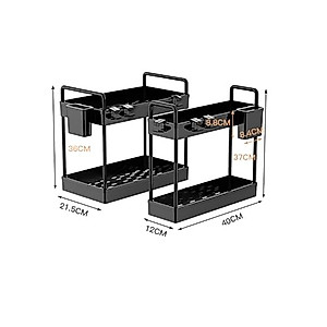 SLDMJFSZ 2-Tier Under Sink Organizer, Wide+Narrow Set Under Bathroom Cabinet Storage Organizer with Hooks, Hanging Cup,Black