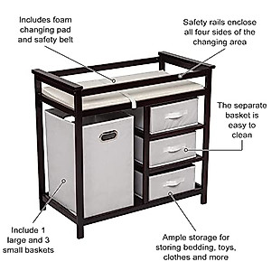 Baby Changing Table - Changing Station with Laundry Hamper, 3 Storage Baskets, and Pad, Multi Storage Nursery Changing Table for Infants or Babies (Dark Brown)