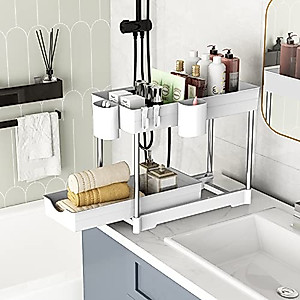 2 Pack Under Sink Organizers and Storage Pull Out Drawers,2 Tier Sliding Under Cabinet Organizer, Bathroom Organizer Under Kitchen Sink Storage, Under Sink Shelf Baskets with 4 Cups 8 Hooks.White…