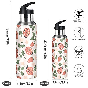ALAZA Ladybug Strawberry Flower Leaves Water Bottle with Straw Lids Boys Girls,Vacuum Insulated Leakproof Stainless-Steel Sports Bottle Thermal Flask for Gym Yoga Camping,20oz (600ml)
