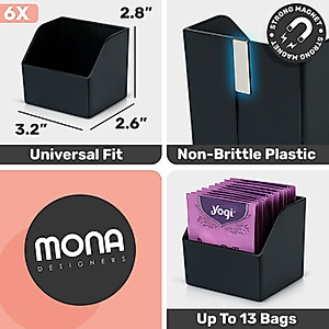 Mona Magnetic Tea Bag Organizer - Set of 6 Individual Tea Bag Holders for The Refrigerator, Counter or Kitchen Shelf. Stylish & Practical Space Saving Tea Organizer (Black)