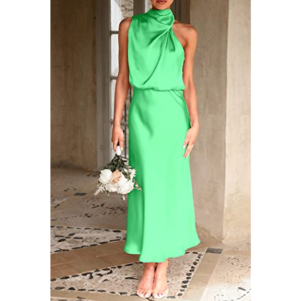 PRETTYGARDEN Women's 2023 Summer Satin Dress Elegant Sleeveless Mock Neck Cocktail Party Maxi Dresses (Grass Green,Small)