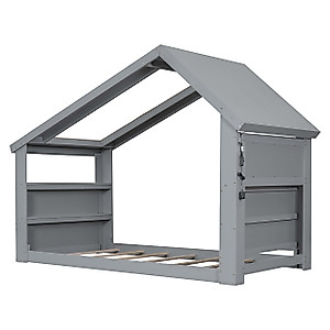 DUNTRKDU Twin Size Wood House Floor Bed Frame with LED Light, Modern Multifunction House Floor Bed with Roof Window and Wood Slats Support for Bedroom Girls Boys, Easy Assemble (Gray)