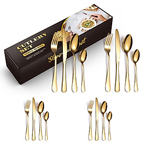 Gold Flatware Set, Service for 4,Premium Stainless Steel Tableware Set 16Piece Cutlery Utensils Set Include Knife Fork Spoon Durable