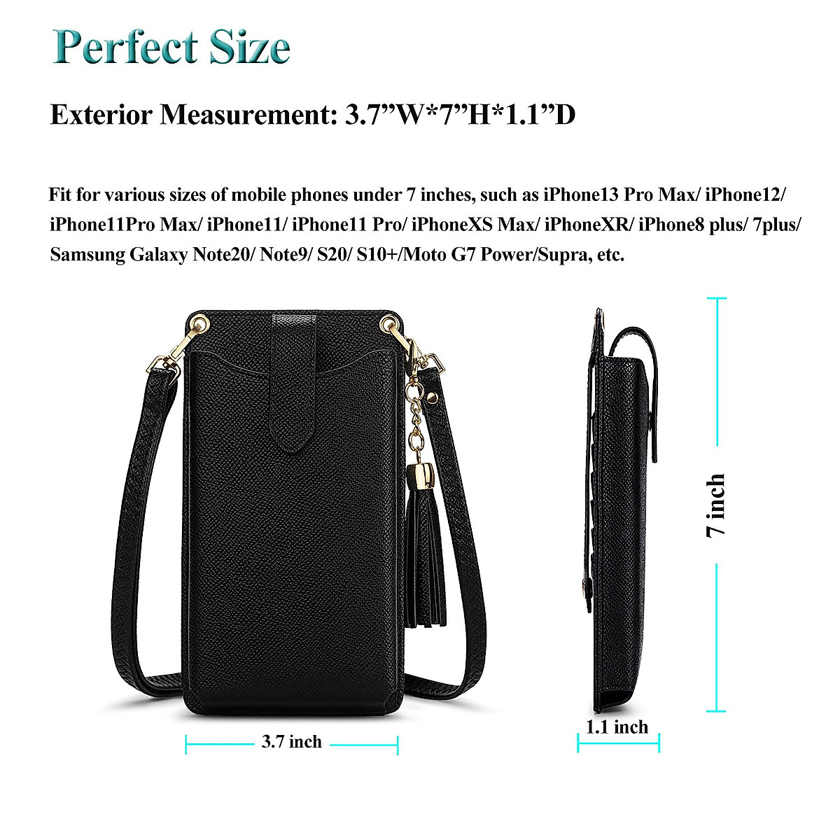 Peacocktion Small Crossbody Cell Phone Purse for Women, Lightweight Mini Shoulder Bag Wallet with Credit Card Slots with Tassel (Black)