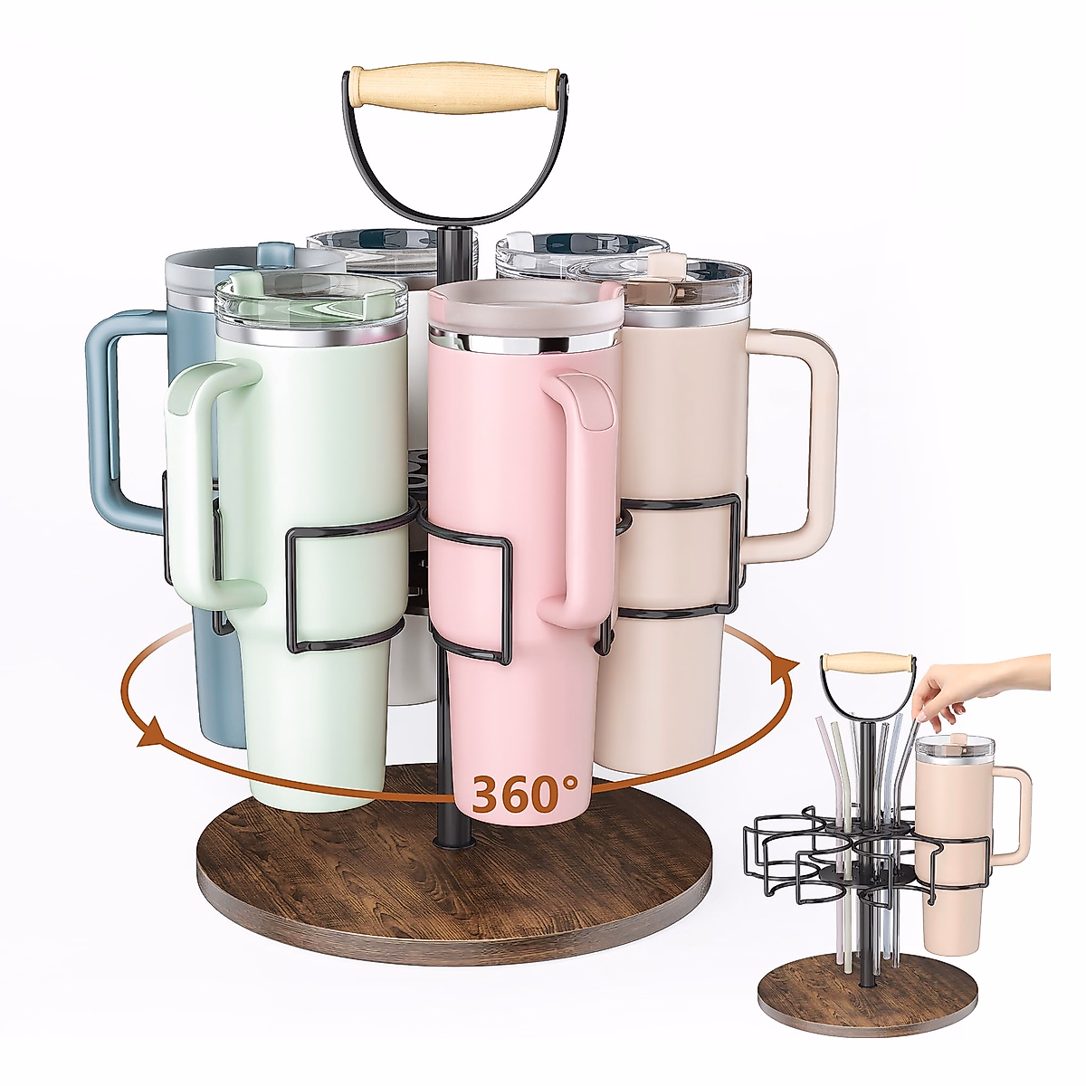 SEFILENCE Stanley 40 oz Cup Organizer with Handle, Rotating Tumbler Holder,Water Bottle Storage Rack for Kitchen Organization, Easy to Carry, Easy Access to Cups, Non-Slip Pad Included (Black)