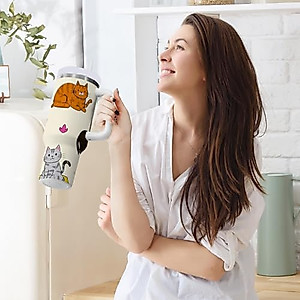 Nexawaveo Cats Doing Different Yoga Poses Beige Tumbler with Handle and Straw 30-40 oz Lid Cup Holder Compatible for Travel Insulated Stainless Steel Cup Food Grade PP Gifts for Him Her BPA-free