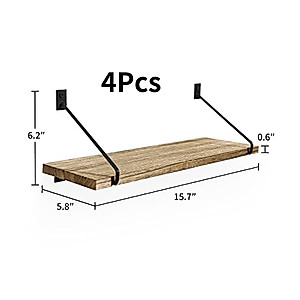 lamplig Floating Shelves Wall Mounted Set of 4, Rustic Wood Wall Storage Shelves with Black Metal Bracket Home Decor Storage Organizer for Bedroom, Living Room, Bathroom, Kitchen, Office