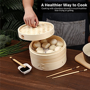 PSC GOODS Bamboo Steamer Basket | 2-Tier Handmade Basket Dumpling Steamer Basket-Traditional Design Steamer Basket for Cooking Dumpling Bao Bun, Rice Potsticker Steaming Chinese Asian Food & Vegetables