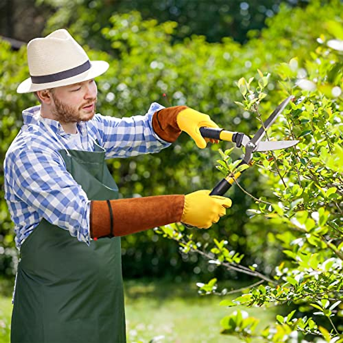 2 Pairs Long Gardening Gloves for Women Men Thorn Proof Rose Pruning Gloves Heavy Duty Gauntlet Leather Work Garden Gloves (Yellow, Large)